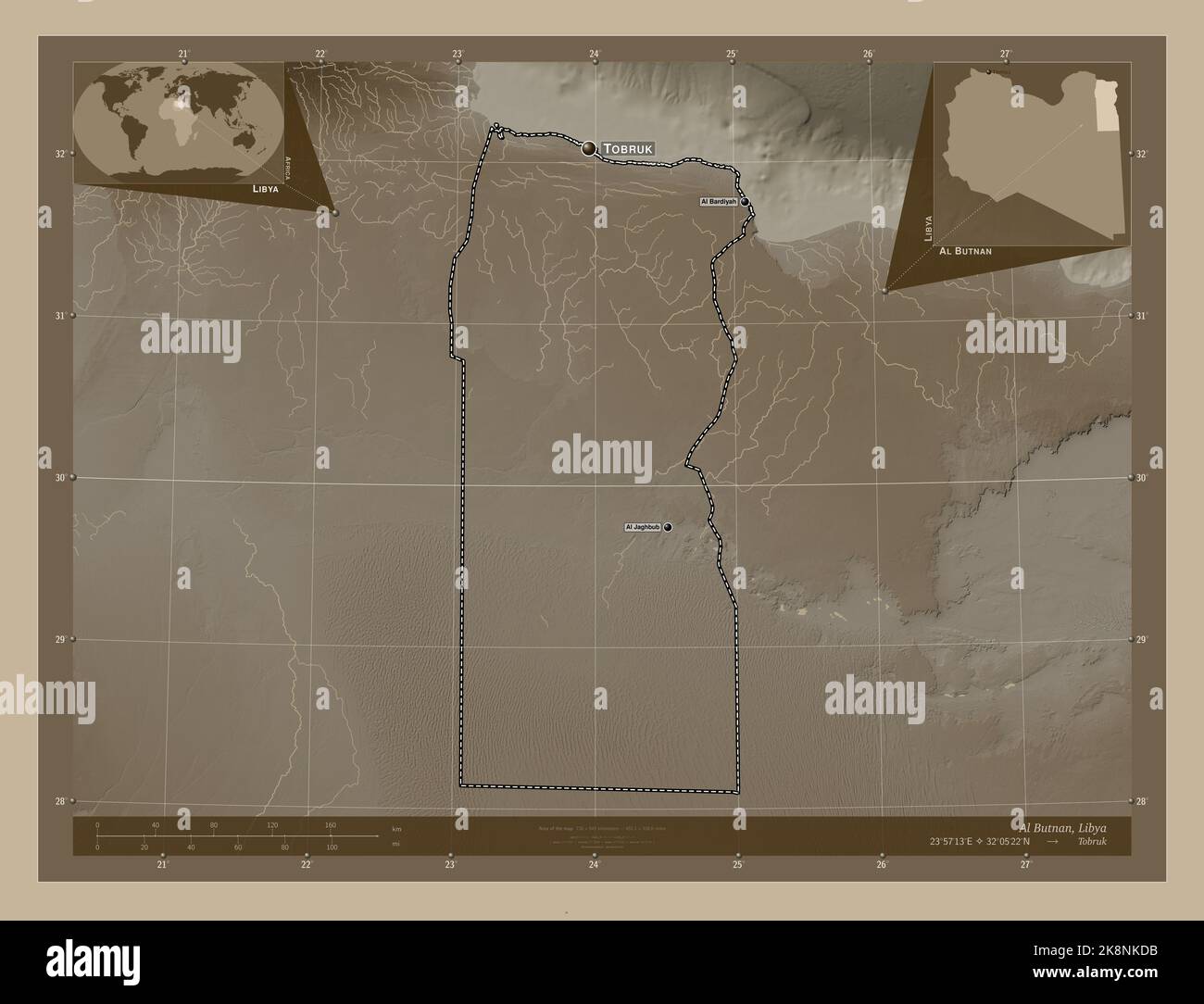 Al Butnan, district of Libya. Elevation map colored in sepia tones with ...