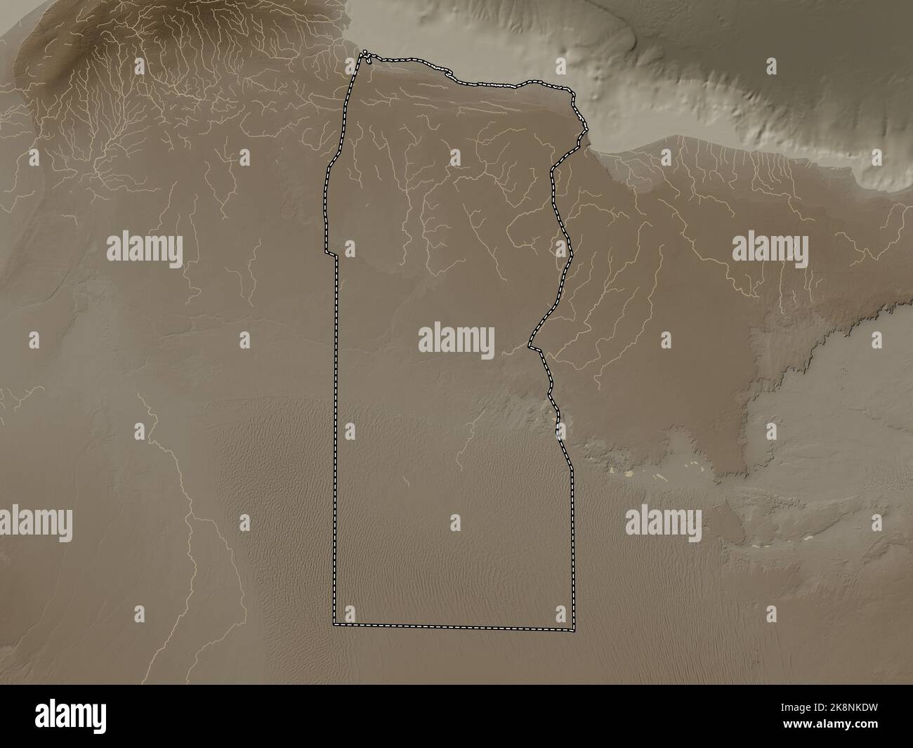 Al Butnan, district of Libya. Elevation map colored in sepia tones with ...