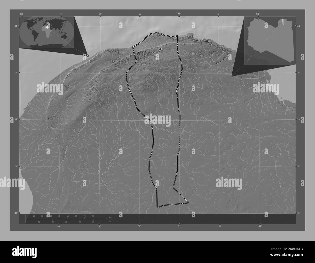 Al Jabal al Akhdar, district of Libya. Bilevel elevation map with lakes ...