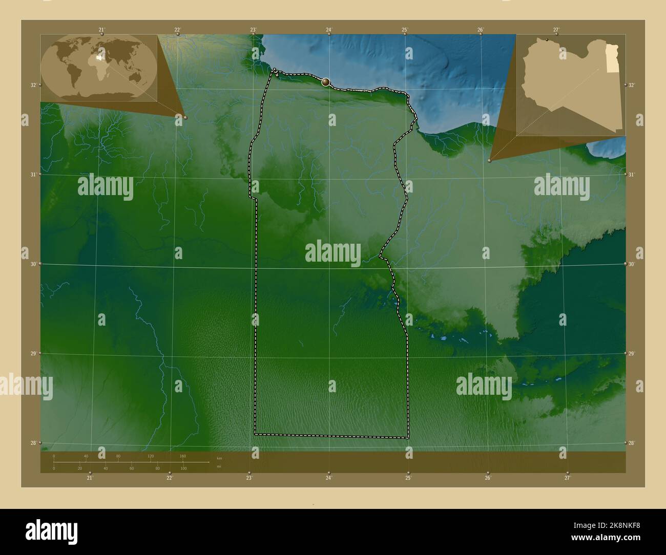 Al Butnan, district of Libya. Colored elevation map with lakes and ...