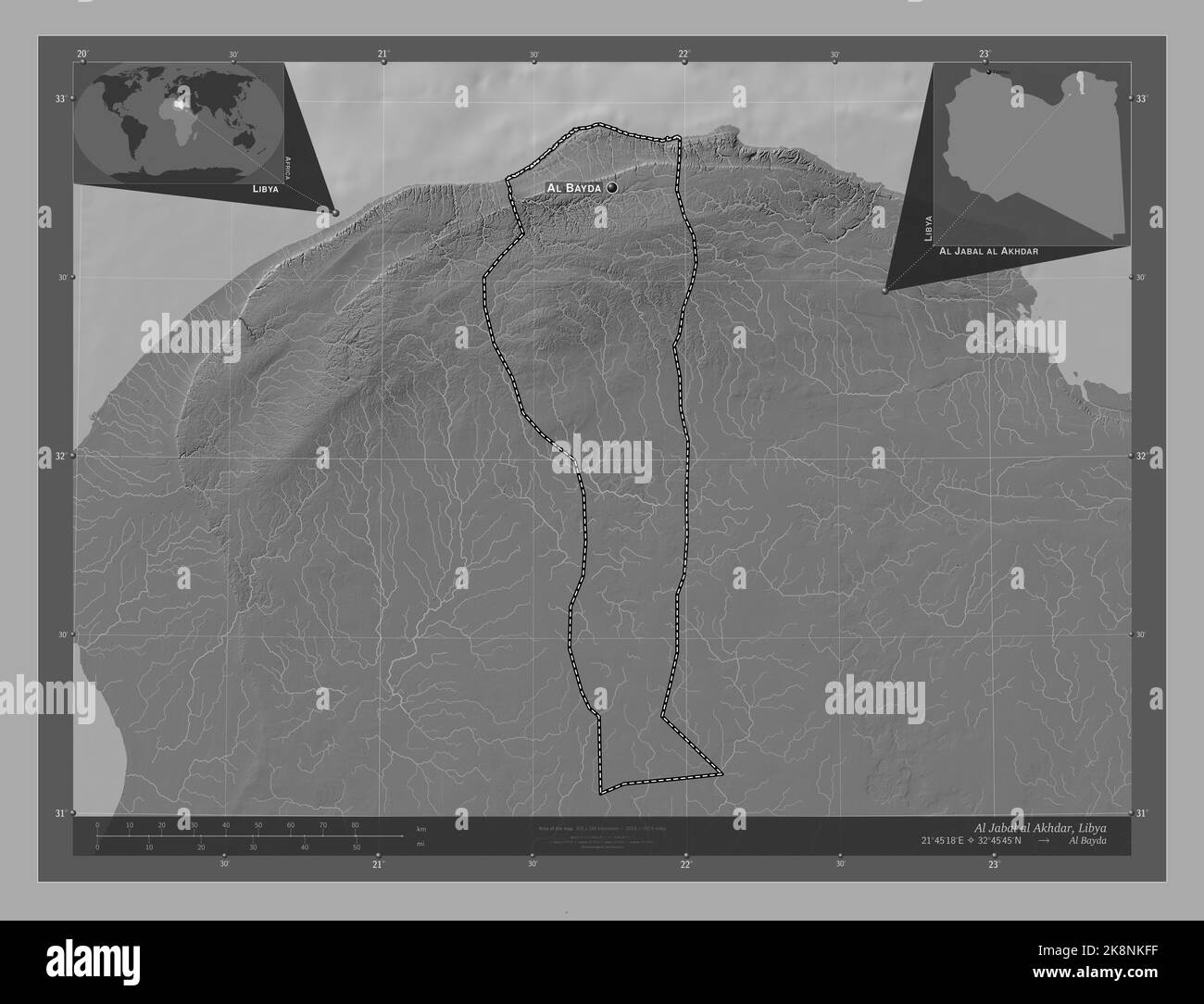 Al Jabal al Akhdar, district of Libya. Bilevel elevation map with lakes and rivers. Locations ...