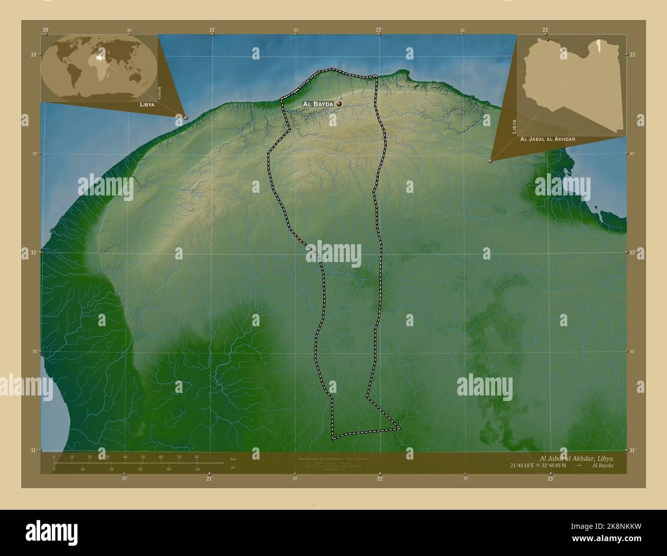 Al Jabal al Akhdar, district of Libya. Colored elevation map with lakes ...