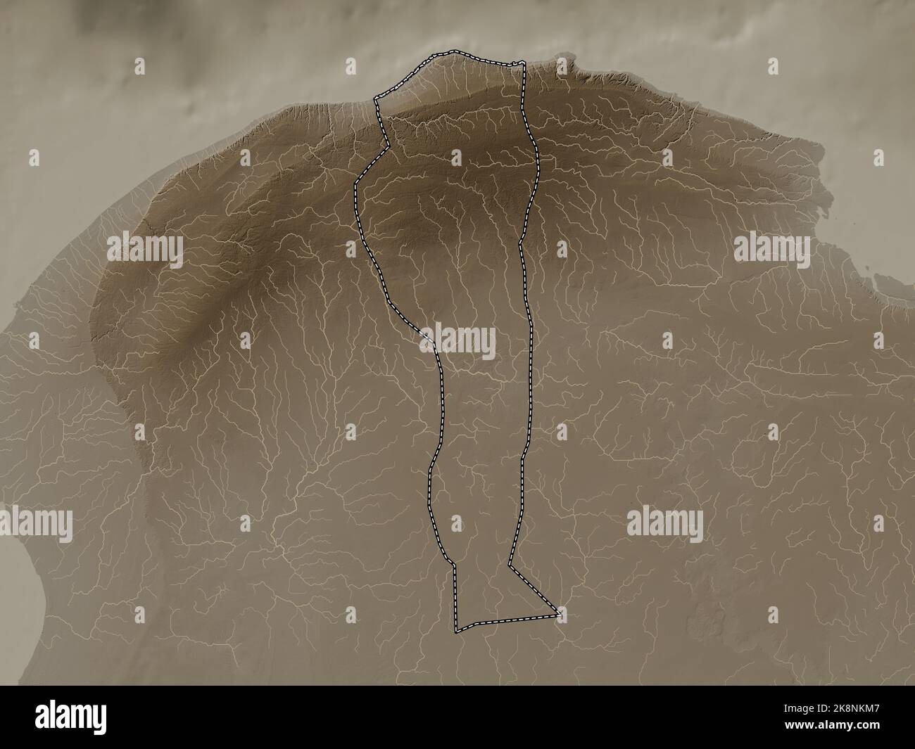 Al Jabal al Akhdar, district of Libya. Elevation map colored in sepia ...