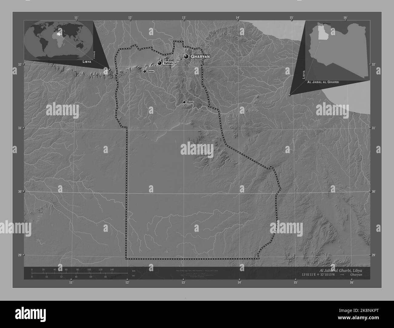 Al Jabal al Gharbi, district of Libya. Bilevel elevation map with lakes ...