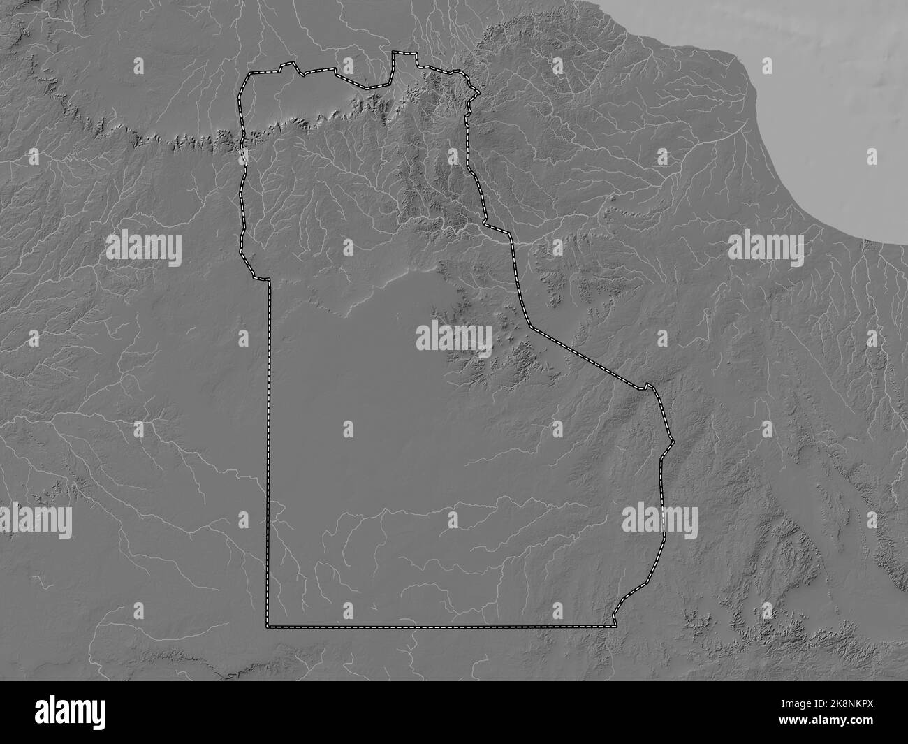 Al Jabal al Gharbi, district of Libya. Bilevel elevation map with lakes ...