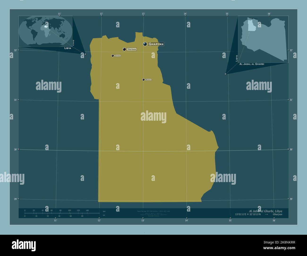 Al Jabal al Gharbi, district of Libya. Solid color shape. Locations and ...
