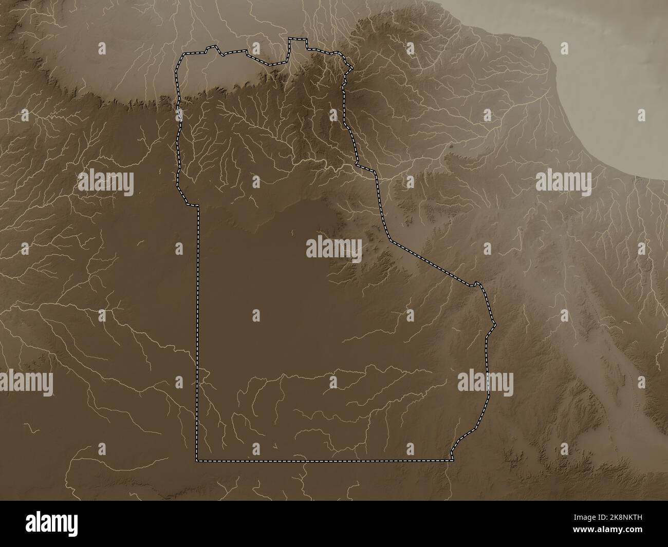 Al Jabal al Gharbi, district of Libya. Elevation map colored in sepia ...
