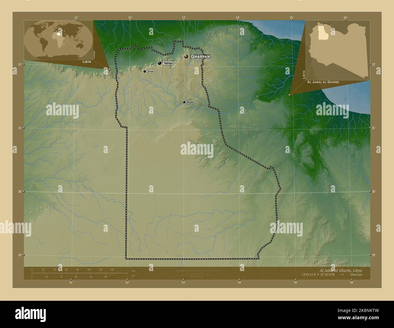 Al Jabal al Gharbi, district of Libya. Colored elevation map with lakes ...