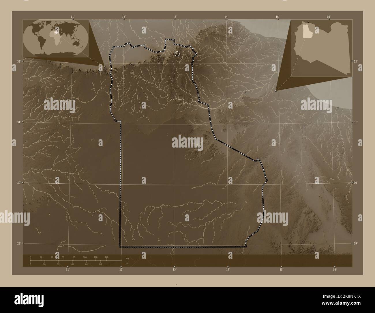 Al Jabal al Gharbi, district of Libya. Elevation map colored in sepia ...