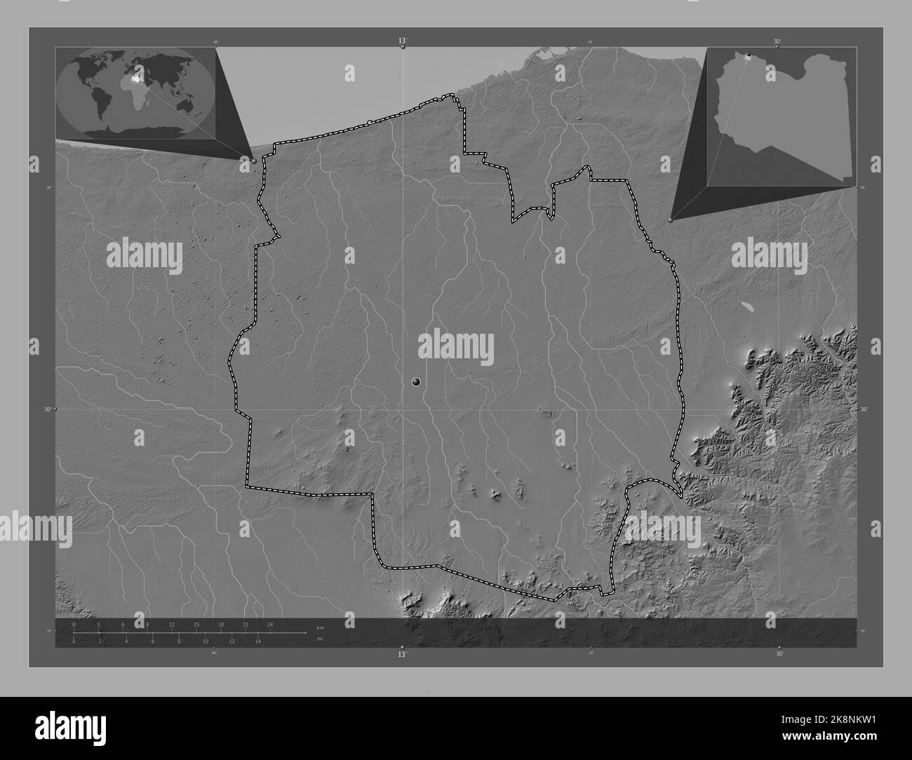 Al Jifarah, district of Libya. Bilevel elevation map with lakes and ...