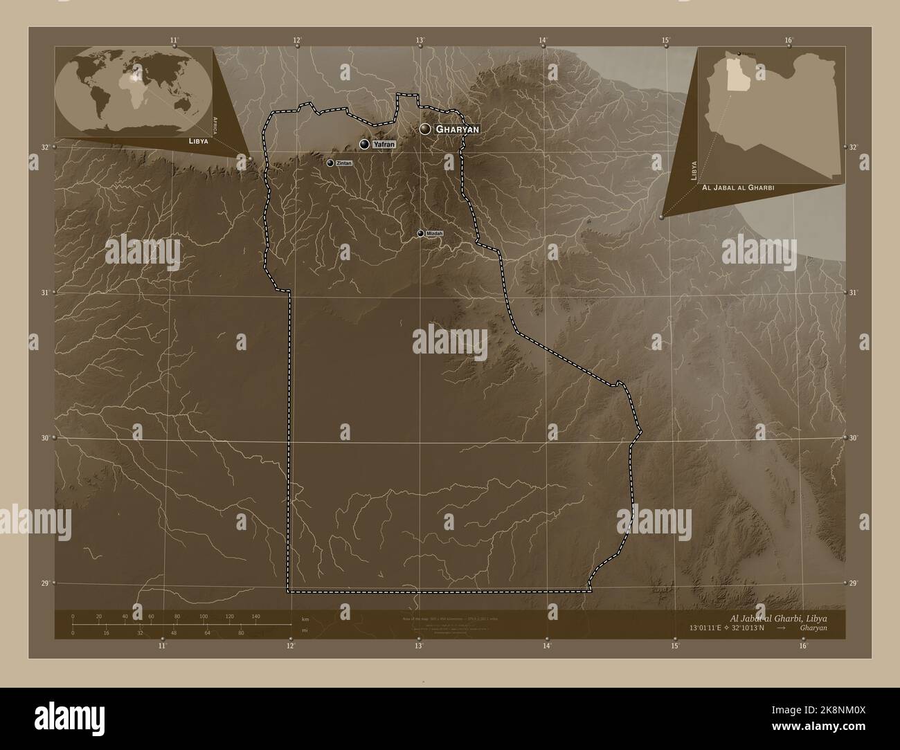 Al Jabal al Gharbi, district of Libya. Elevation map colored in sepia ...