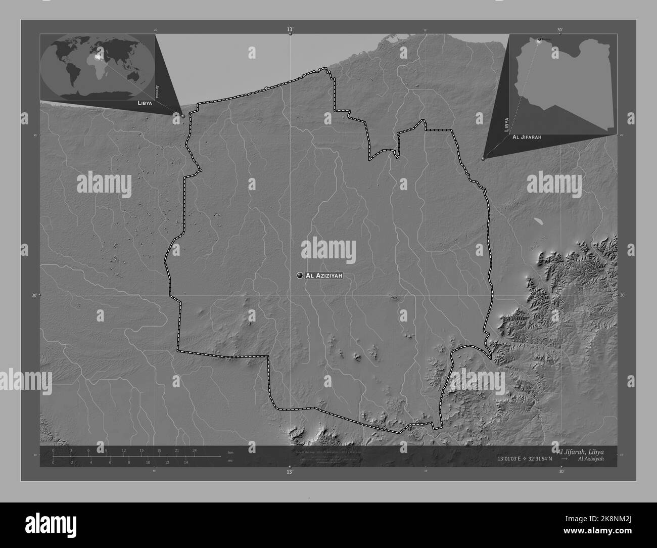 Al Jifarah, district of Libya. Bilevel elevation map with lakes and ...