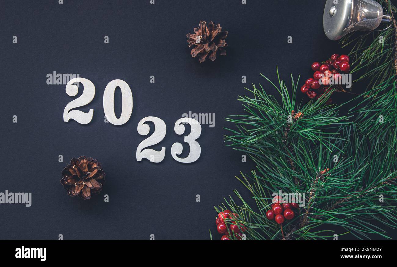 Christmas background with numbers 2023 and decor details, flat lay ...