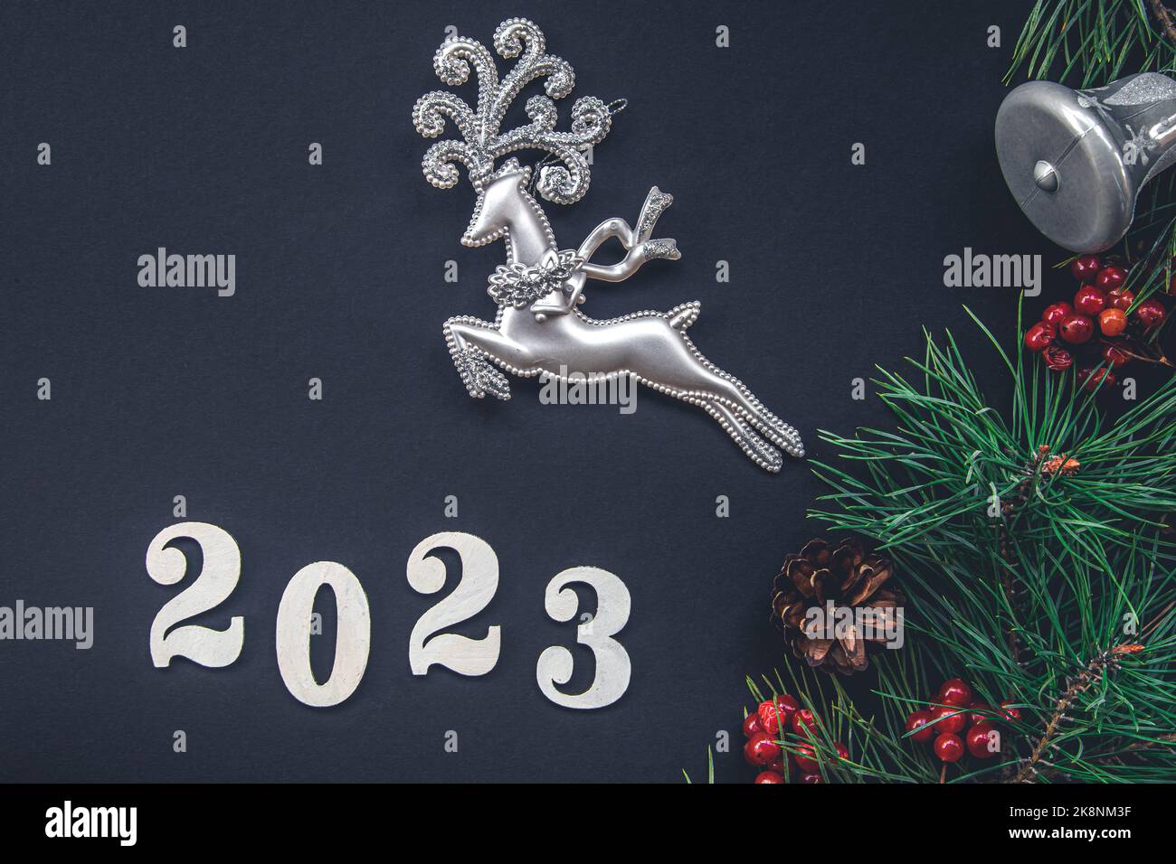 Christmas background with numbers 2023 and decor details, flat lay ...