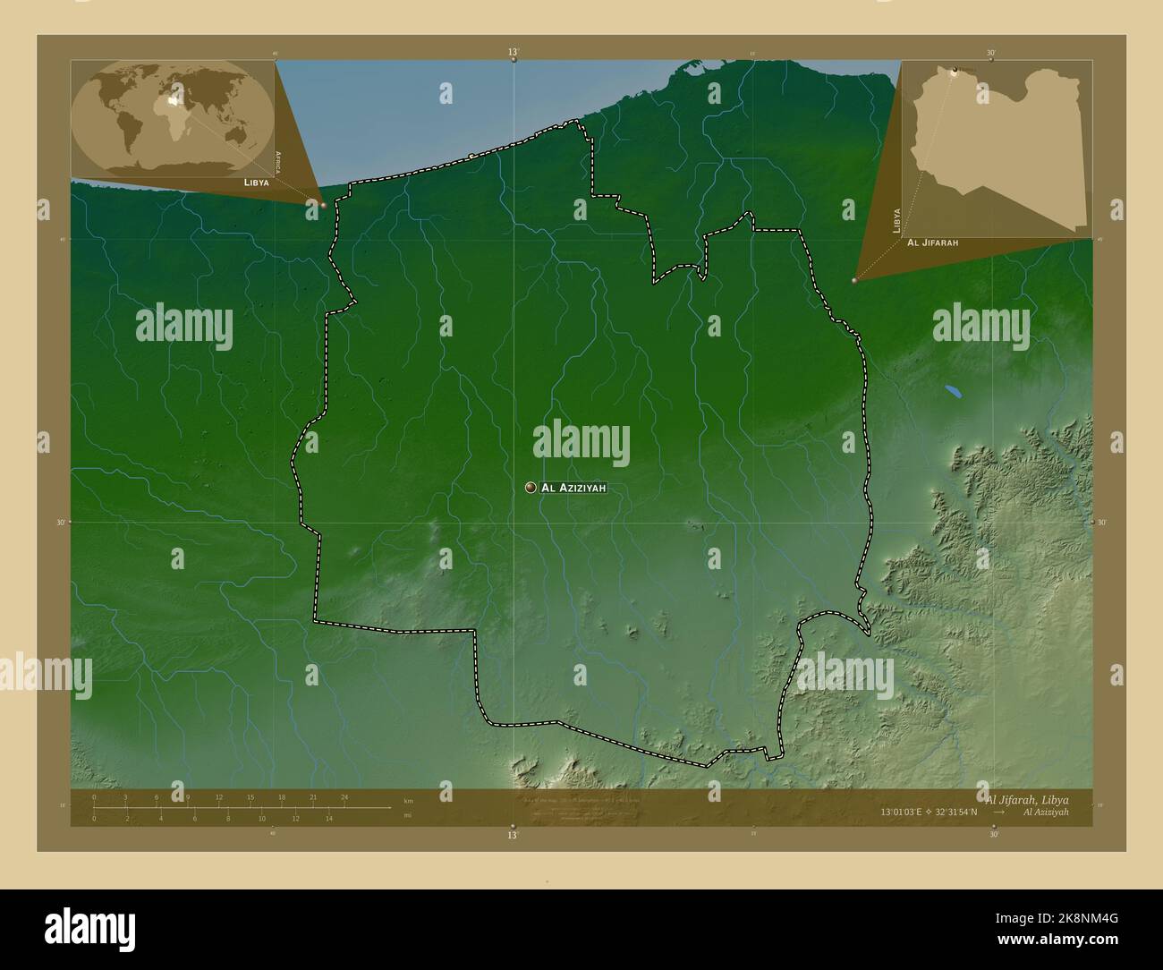 Al Jifarah, district of Libya. Colored elevation map with lakes and ...