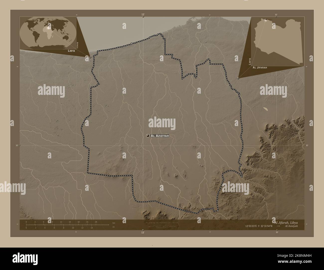 Al Jifarah, district of Libya. Elevation map colored in sepia tones ...