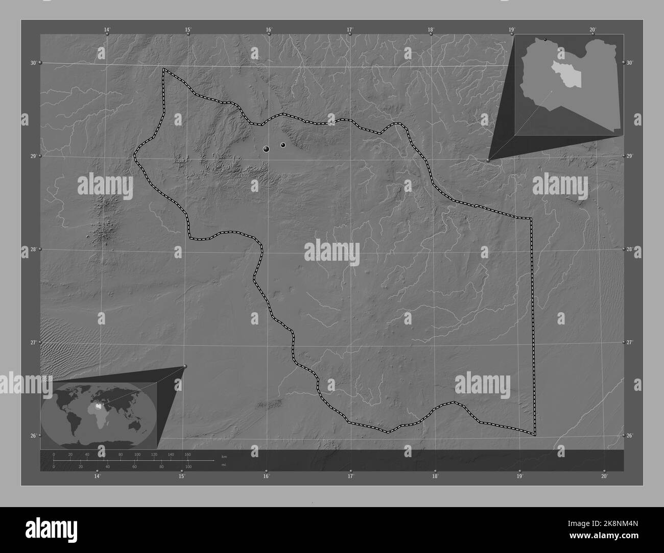 Al Jufrah, district of Libya. Bilevel elevation map with lakes and ...