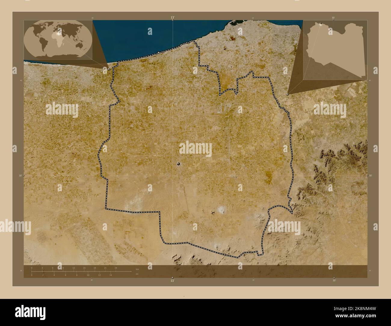Al Jifarah, district of Libya. Low resolution satellite map. Corner ...