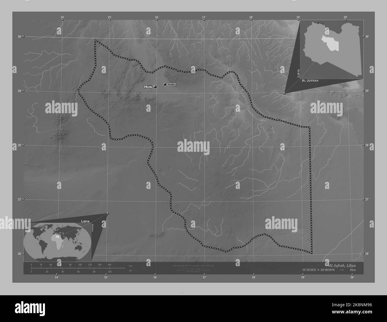 Al Jufrah, district of Libya. Grayscale elevation map with lakes and ...
