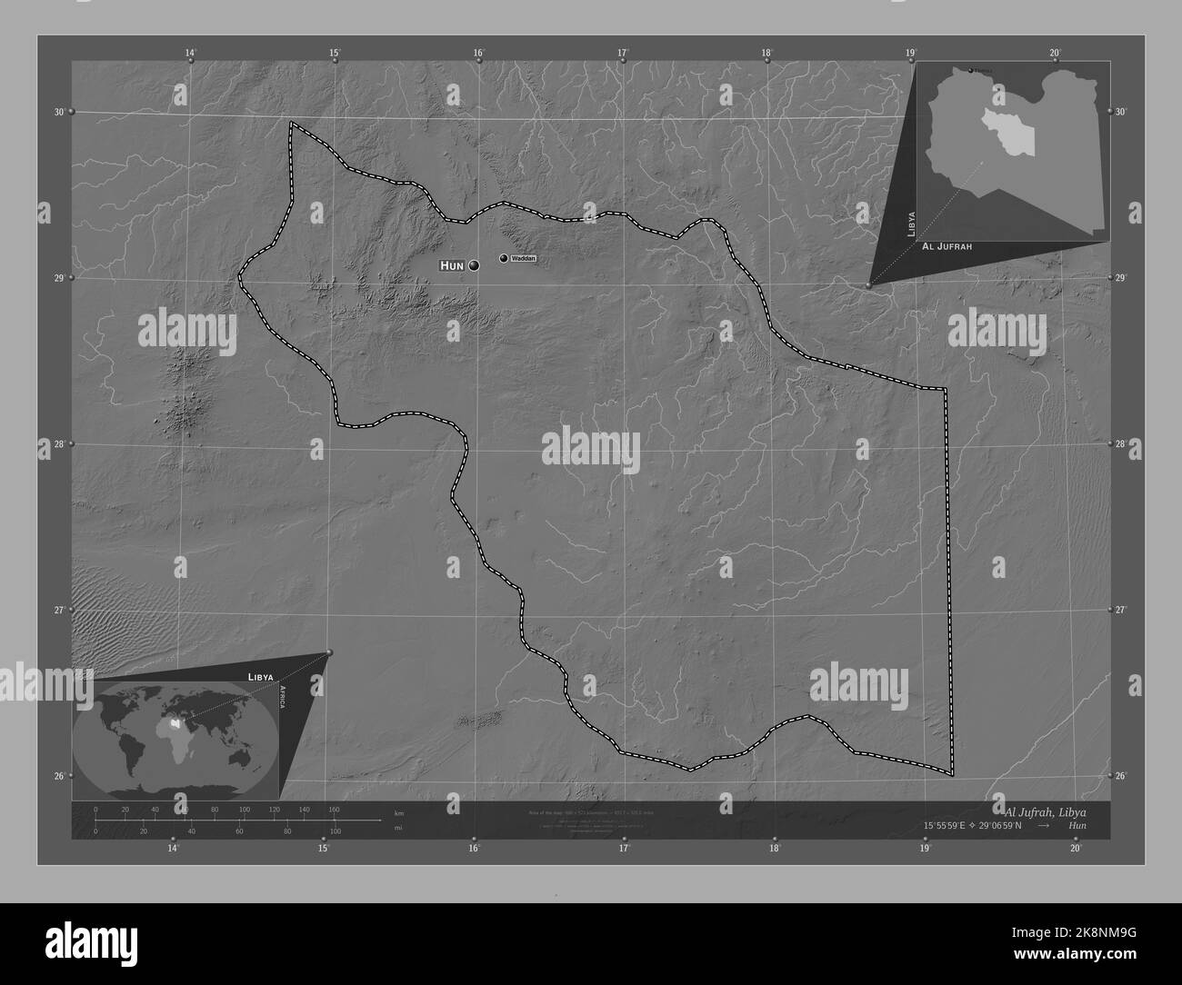 Al Jufrah, district of Libya. Bilevel elevation map with lakes and ...