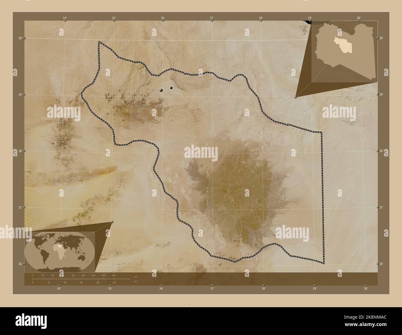 Al Jufrah, district of Libya. Low resolution satellite map. Locations ...