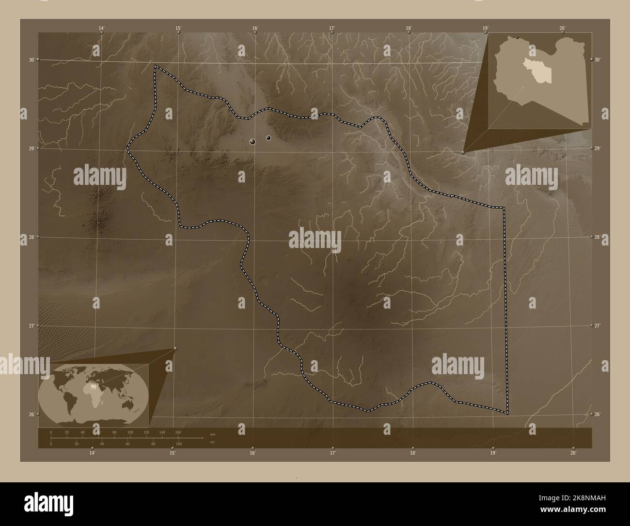 Al Jufrah, district of Libya. Elevation map colored in sepia tones with ...