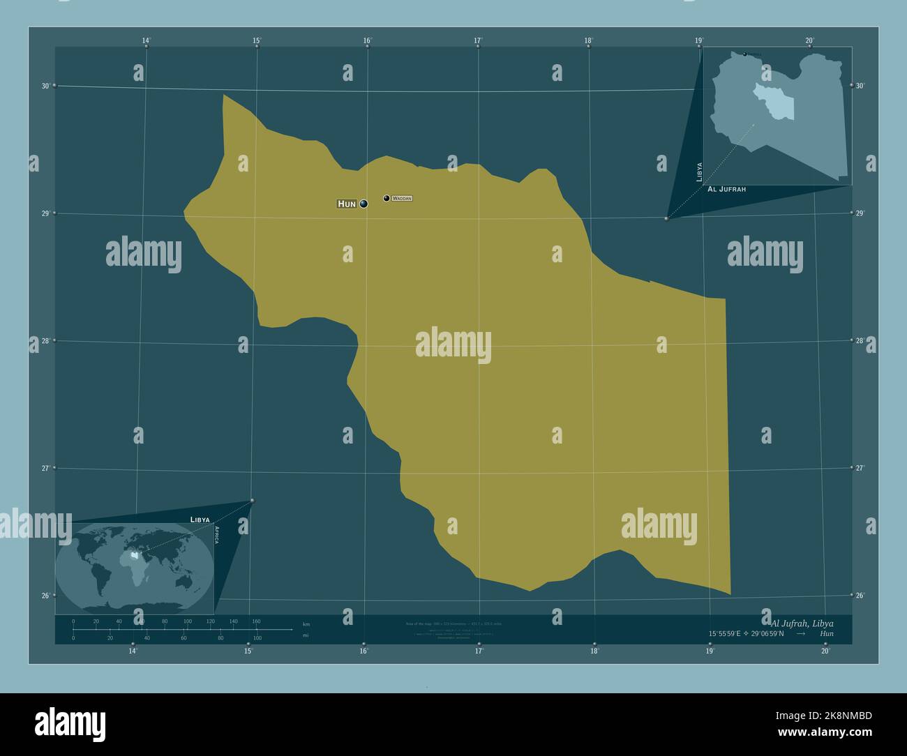 Al Jufrah, district of Libya. Solid color shape. Locations and names of ...