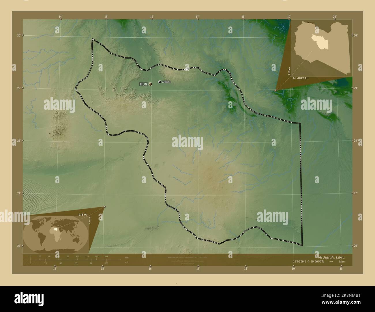 Al Jufrah, district of Libya. Colored elevation map with lakes and ...