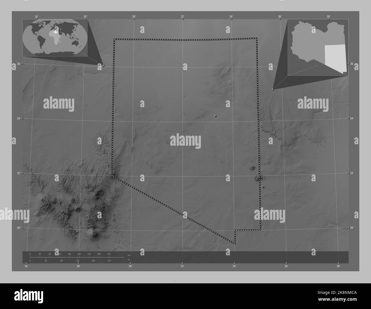 Al Kufrah, district of Libya. Grayscale elevation map with lakes and ...