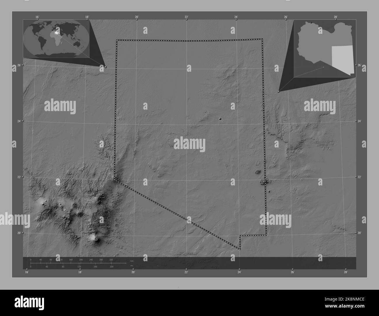 Al Kufrah, district of Libya. Bilevel elevation map with lakes and ...
