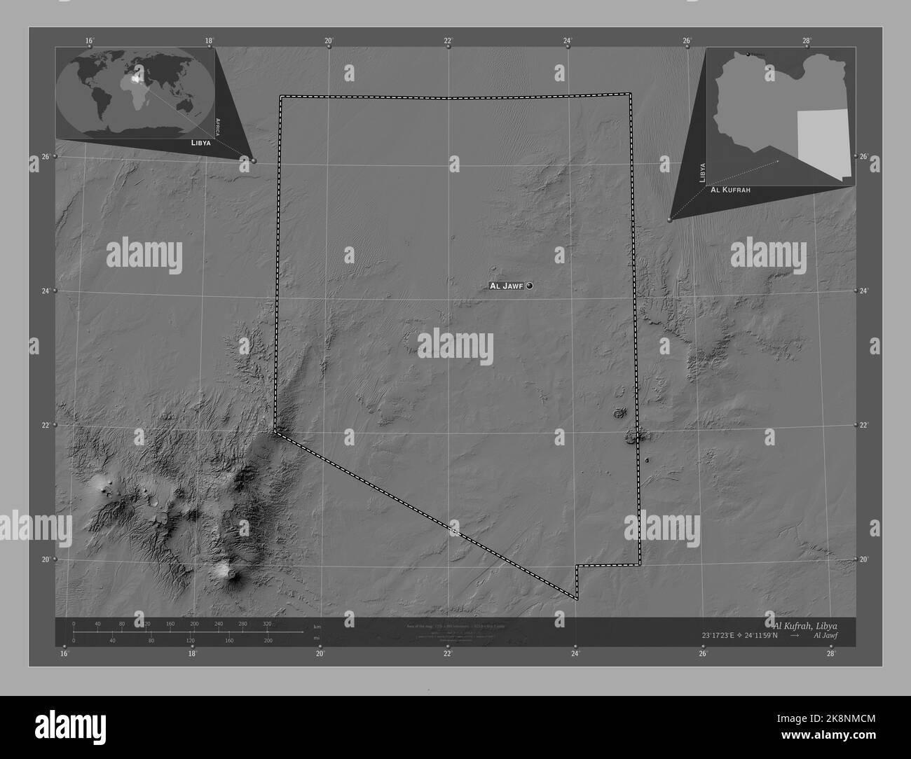 Al Kufrah, district of Libya. Bilevel elevation map with lakes and ...