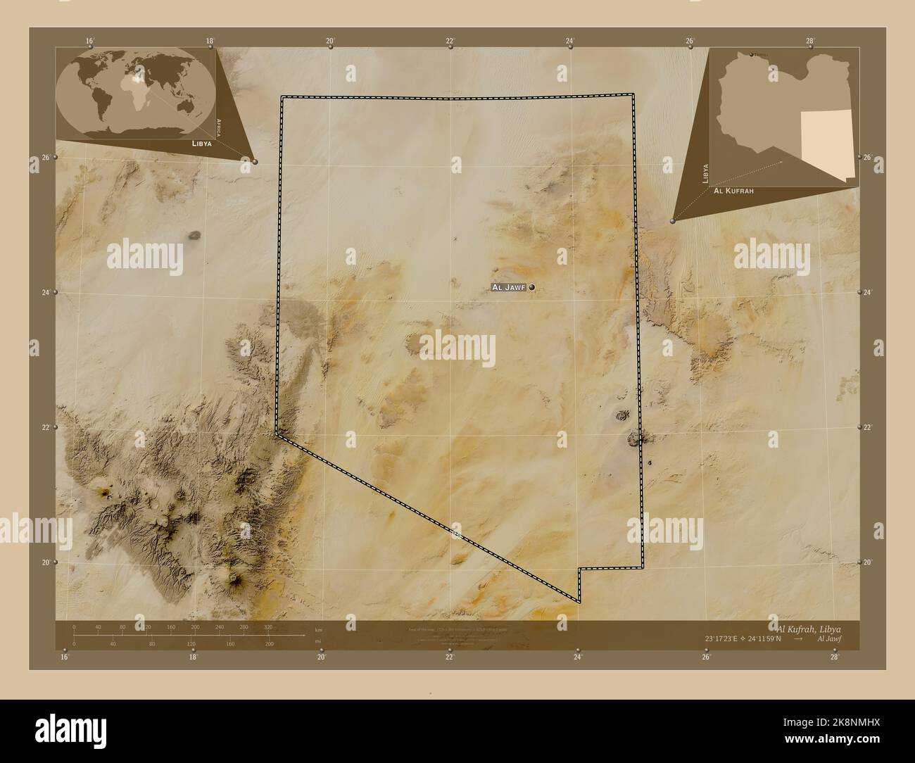 Al Kufrah, district of Libya. Low resolution satellite map. Locations ...