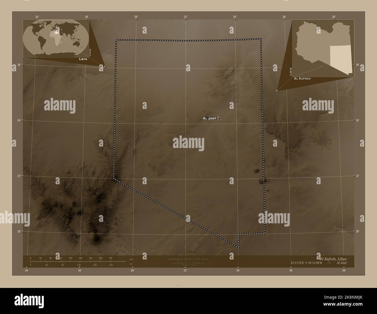 Al Kufrah, district of Libya. Elevation map colored in sepia tones with ...