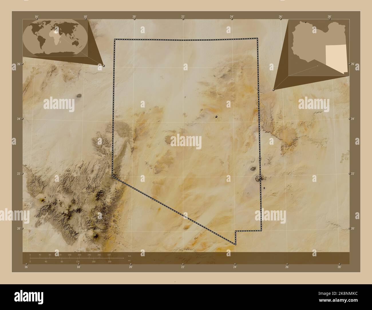 Al Kufrah, district of Libya. Low resolution satellite map. Corner ...