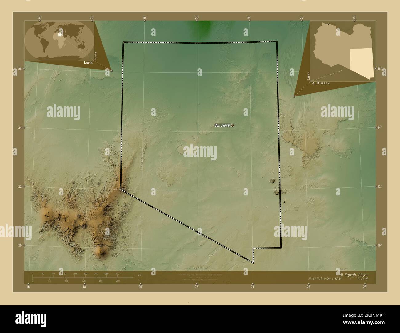 Al Kufrah, district of Libya. Colored elevation map with lakes and ...