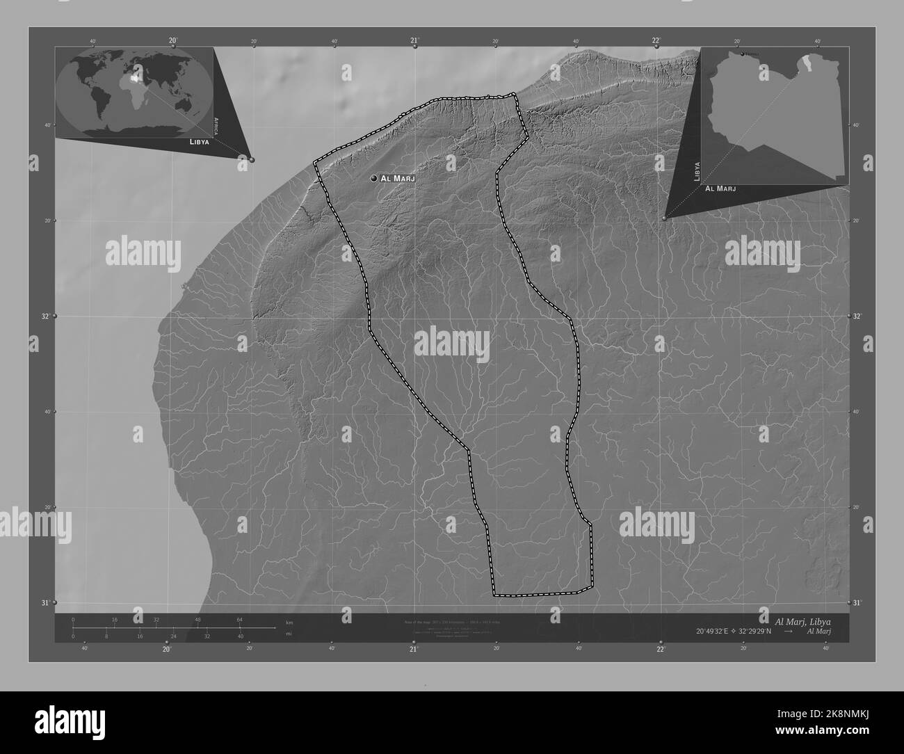 Al Marj, district of Libya. Bilevel elevation map with lakes and rivers ...