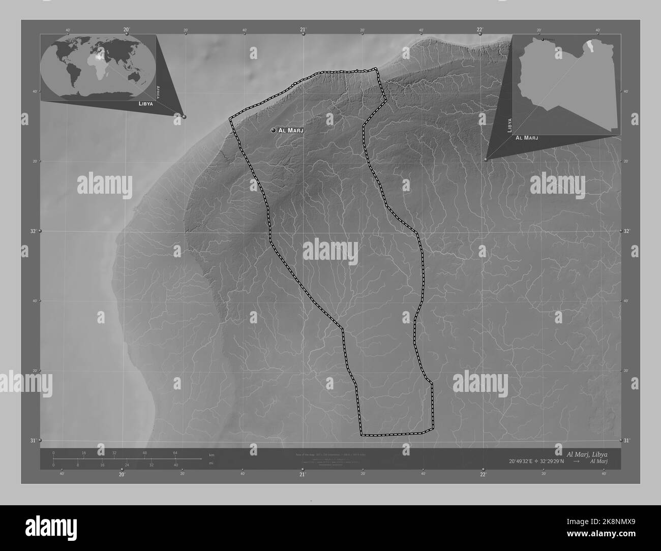 Al Marj, district of Libya. Grayscale elevation map with lakes and ...