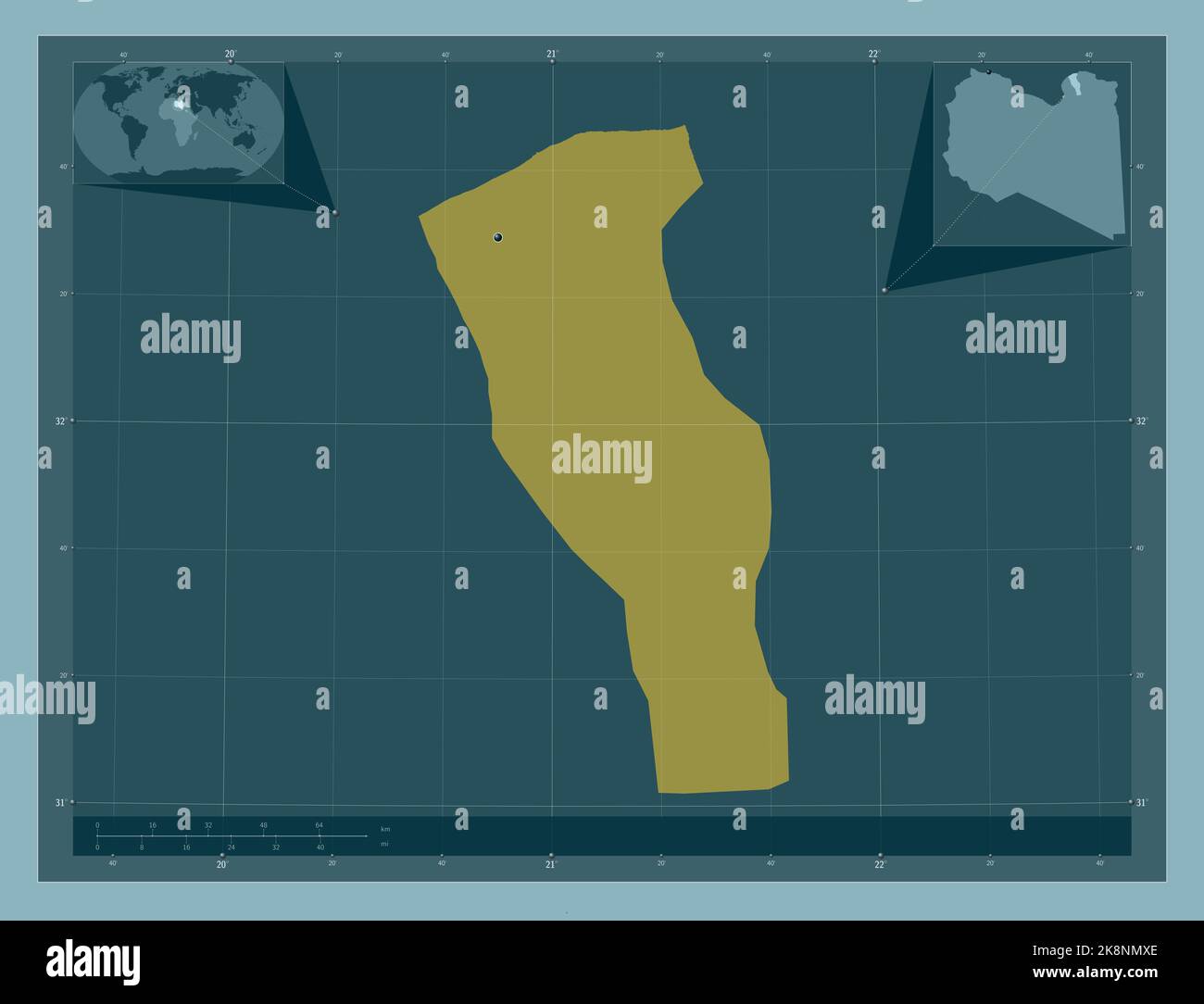 Al Marj, district of Libya. Solid color shape. Locations of major ...