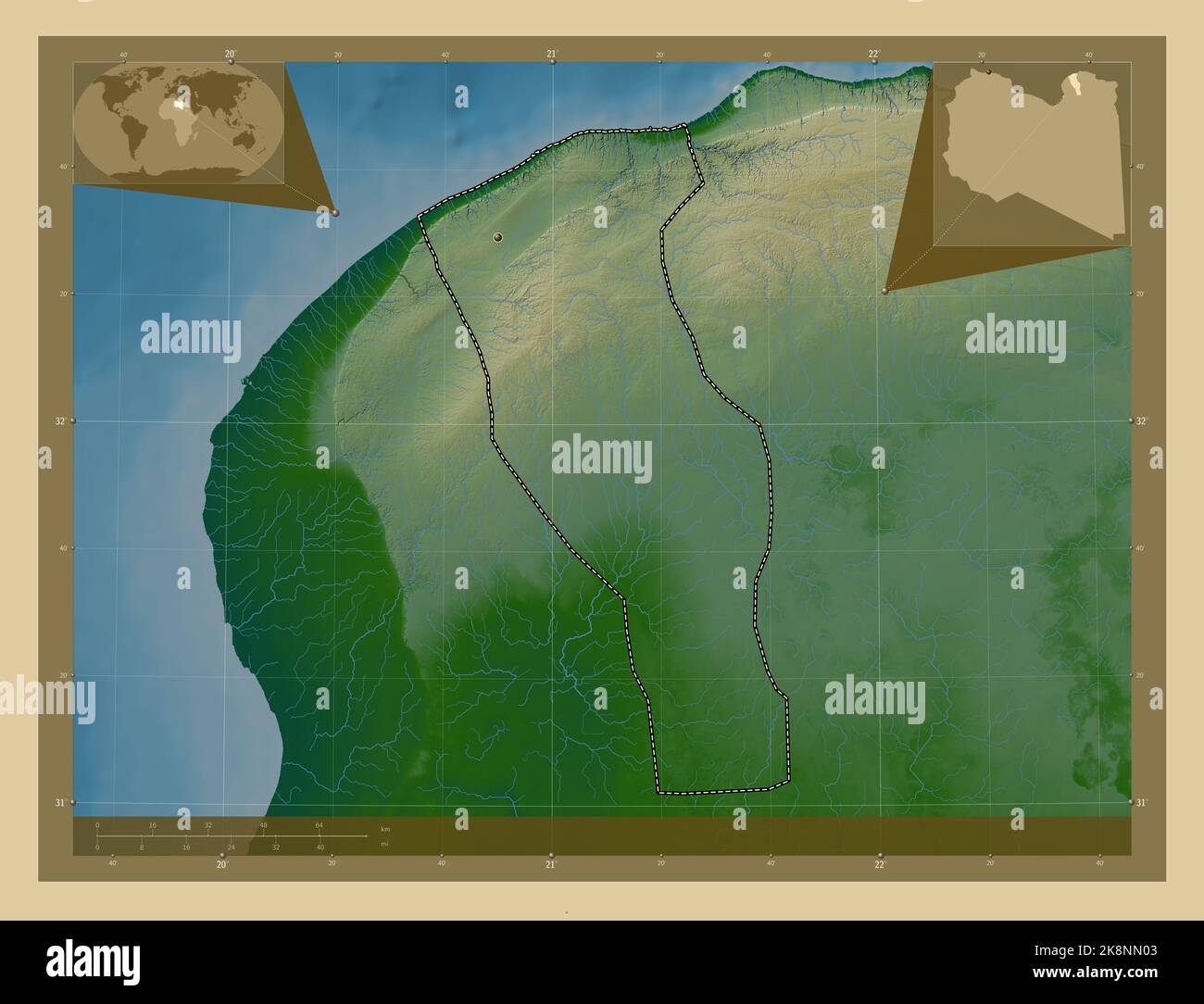 Al Marj, district of Libya. Colored elevation map with lakes and rivers. Locations of major ...