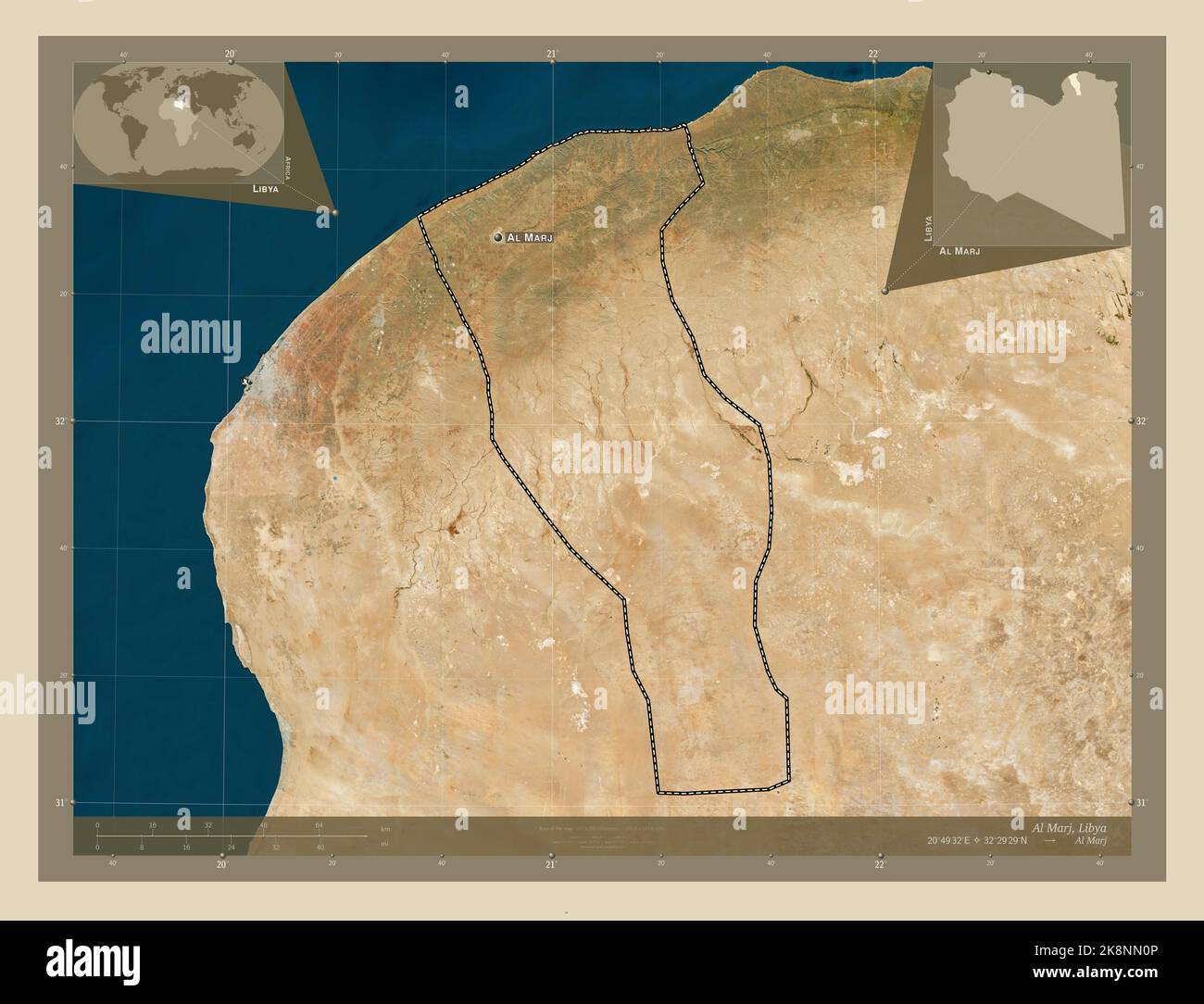 Al Marj, district of Libya. High resolution satellite map. Locations ...