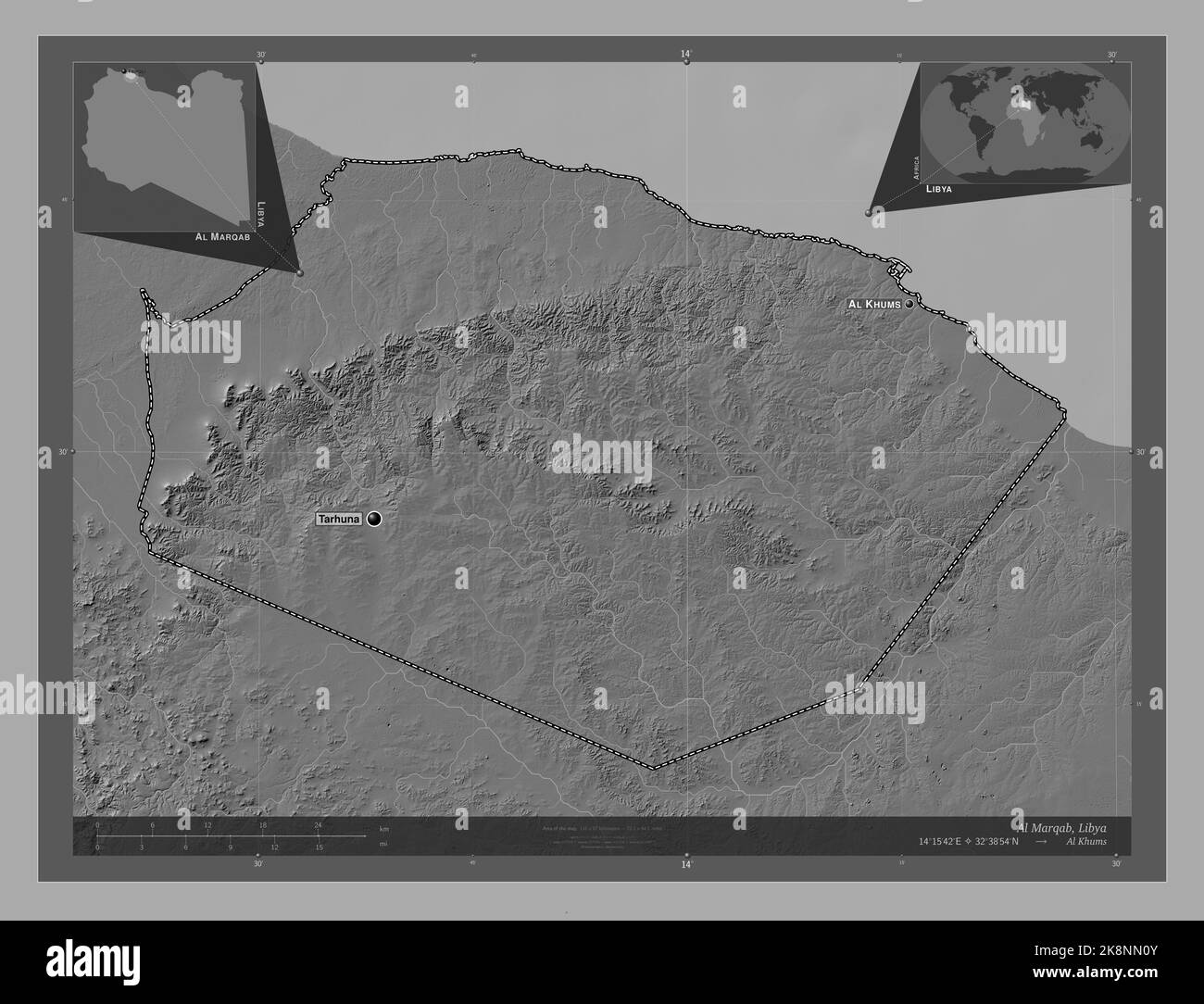 Al Marqab, district of Libya. Bilevel elevation map with lakes and ...
