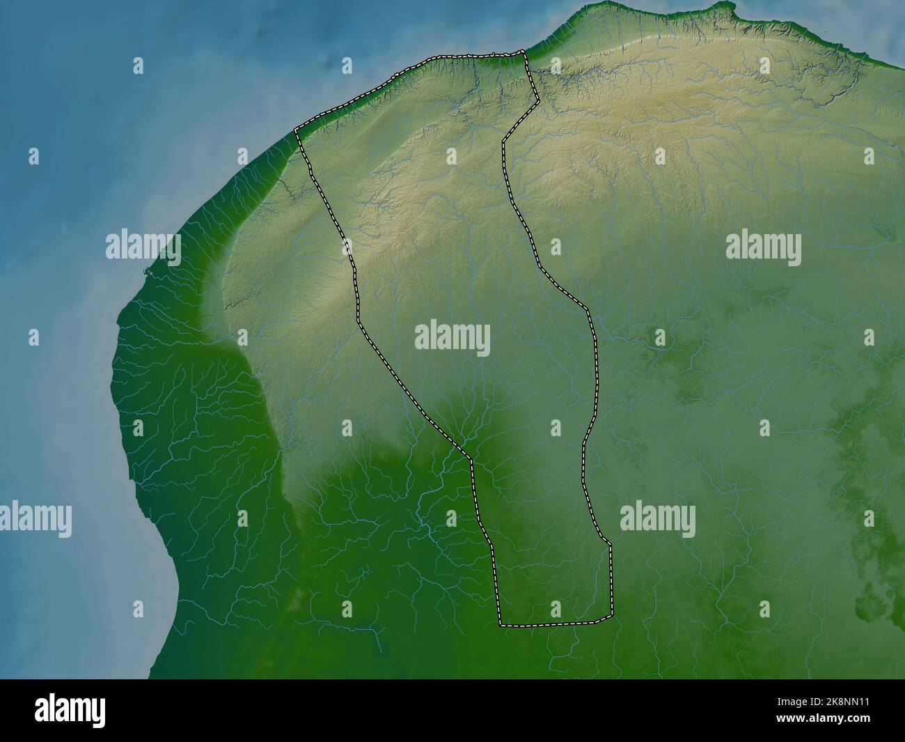 Al Marj, district of Libya. Colored elevation map with lakes and rivers ...