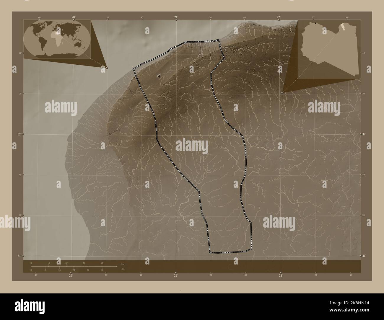 Al Marj, district of Libya. Elevation map colored in sepia tones with lakes and rivers. Corner ...