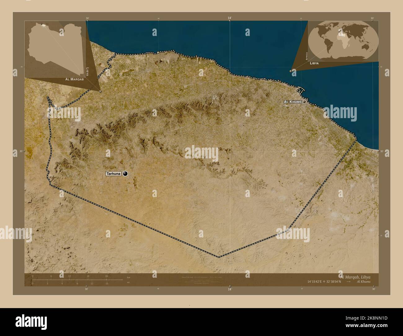 Al Marqab, district of Libya. Low resolution satellite map. Locations ...