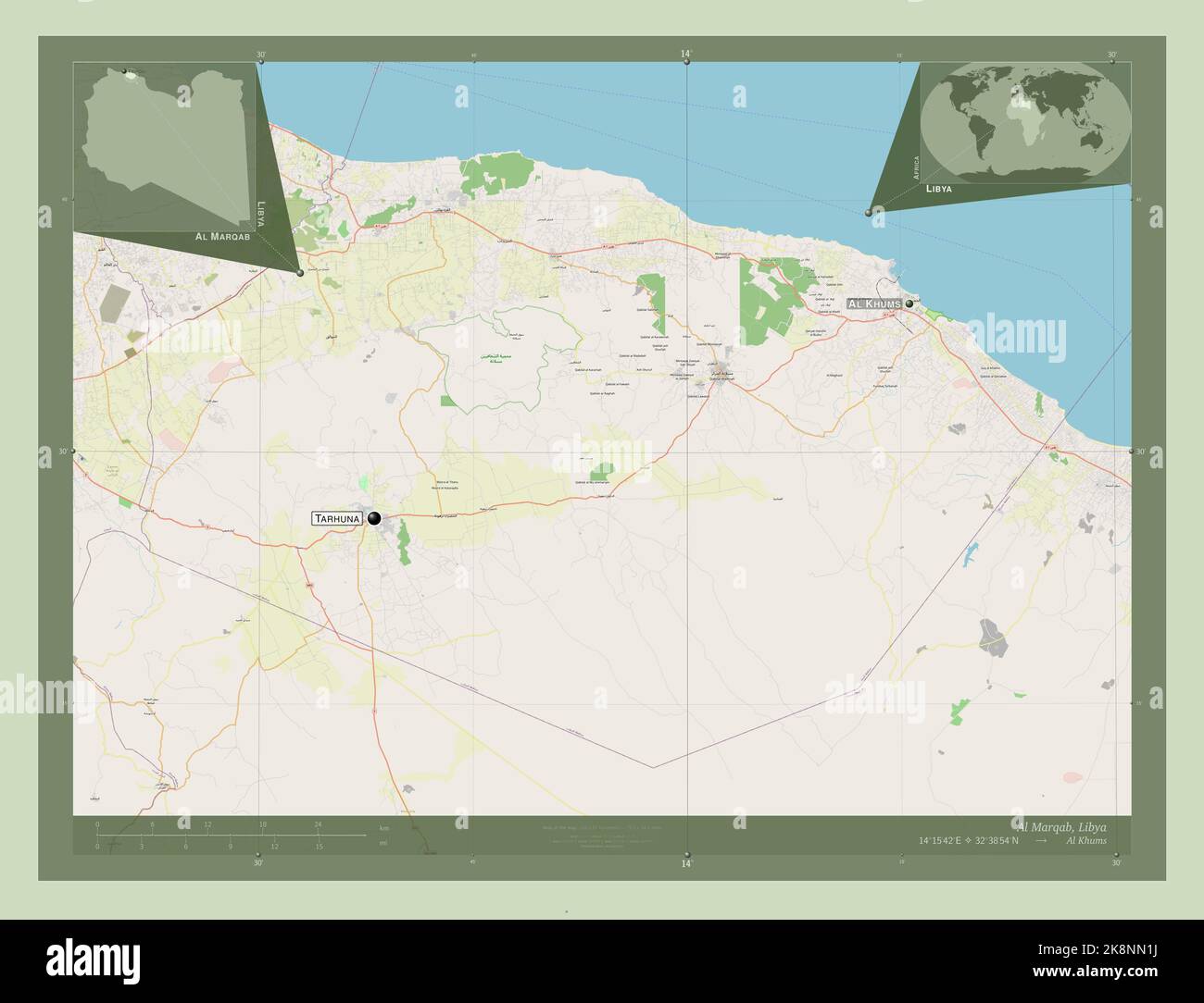 Al Marqab, district of Libya. Open Street Map. Locations and names of major cities of the region ...