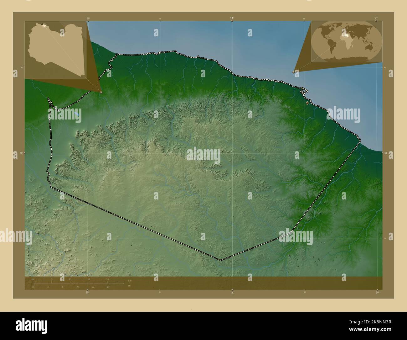 Al Marqab, district of Libya. Colored elevation map with lakes and ...