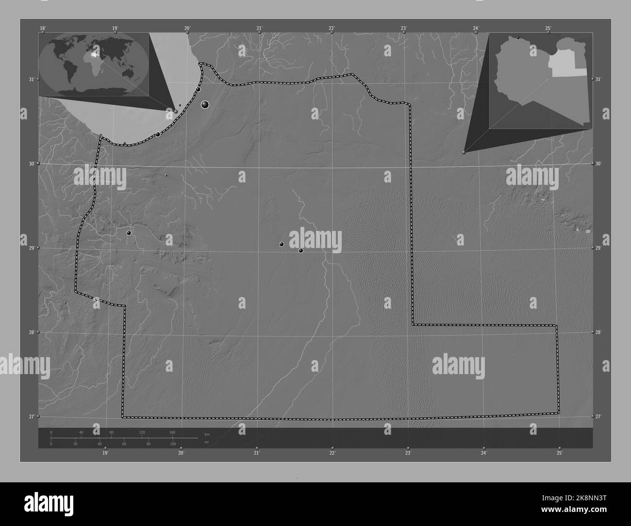 Al Wahat, district of Libya. Bilevel elevation map with lakes and ...