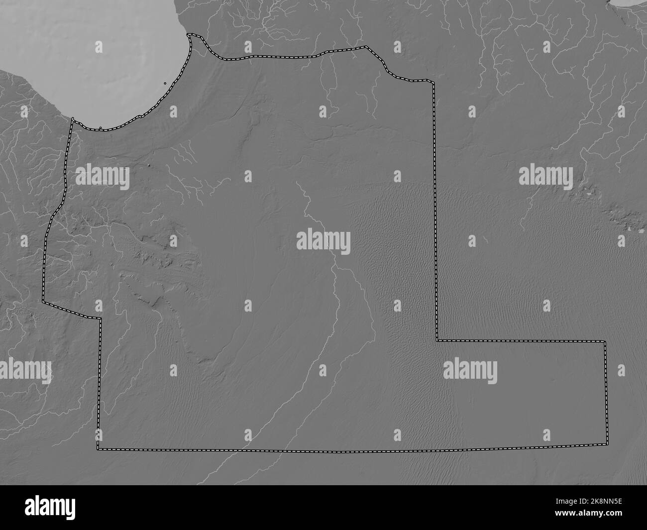 Al Wahat, district of Libya. Bilevel elevation map with lakes and ...