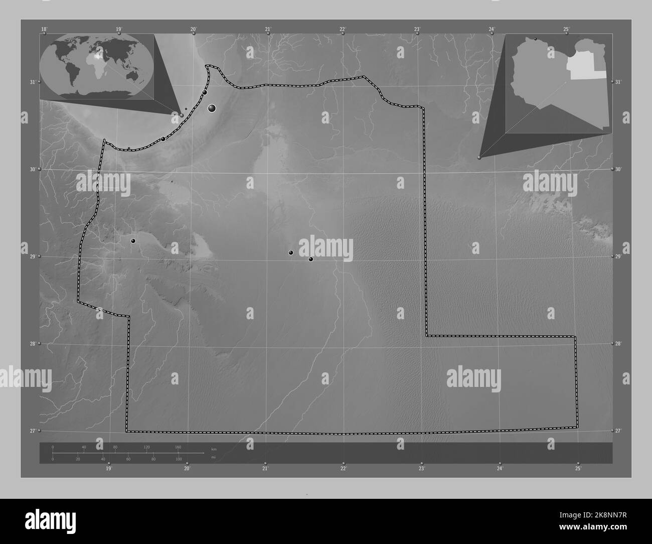 Al Wahat, district of Libya. Grayscale elevation map with lakes and ...