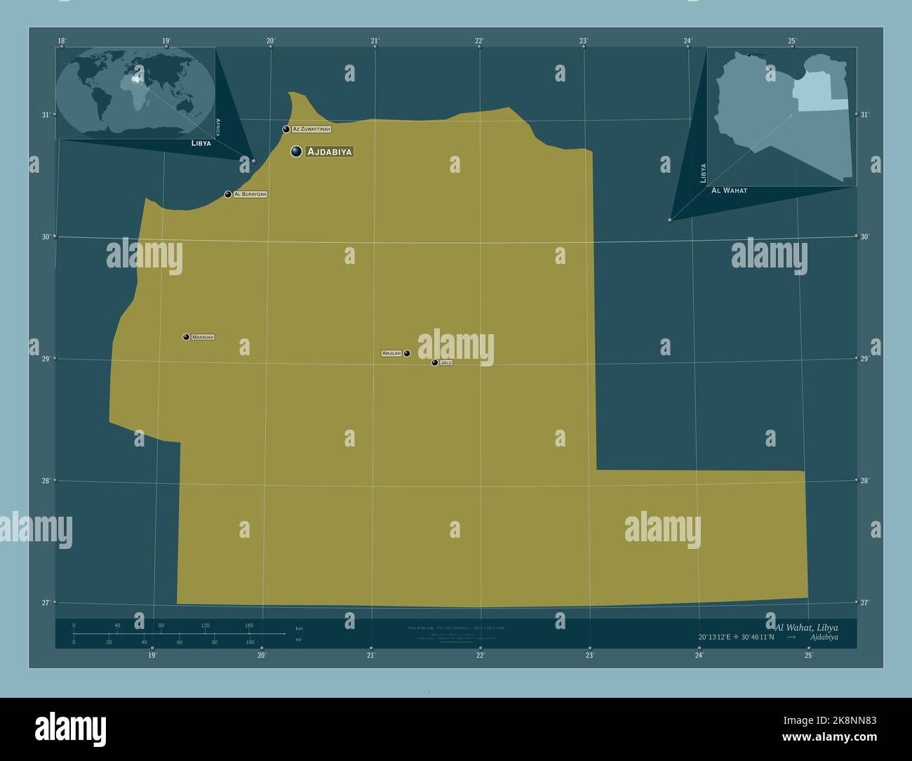 Al Wahat, district of Libya. Solid color shape. Locations and names of ...